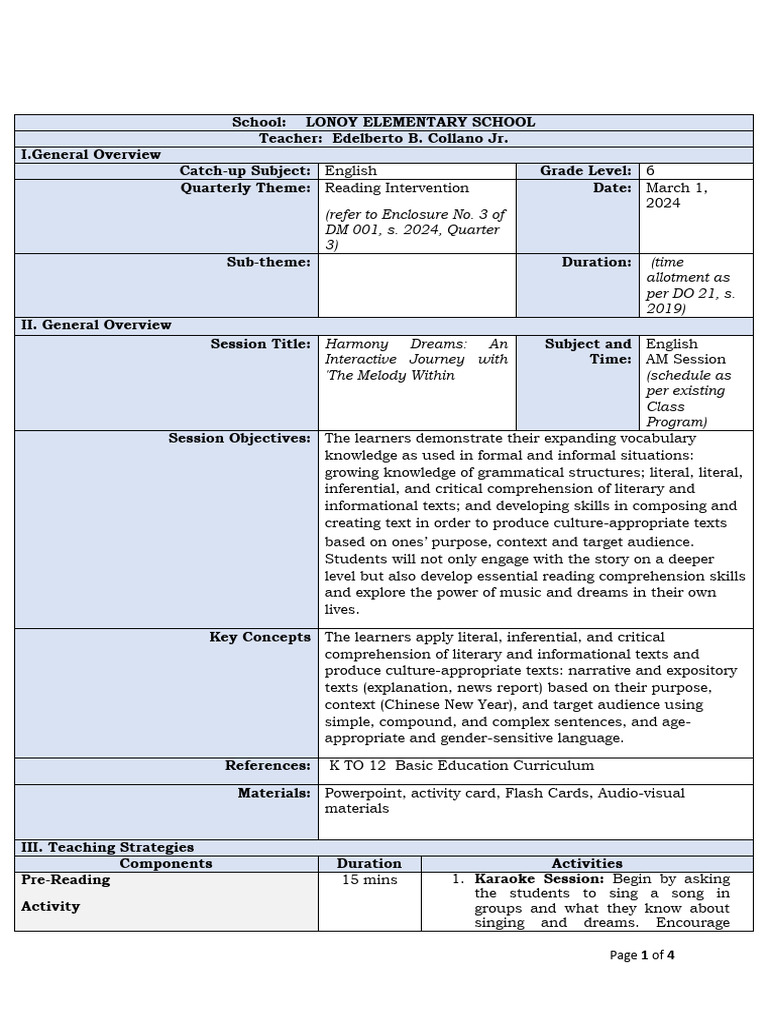 Grade5 Eng Reading - Catch Up Friday | PDF | Reading Comprehension | Learning
