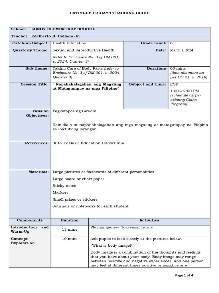 Grade6 Esp Health Ed Catch Up Friday Pdf Teachers Behavior Modification