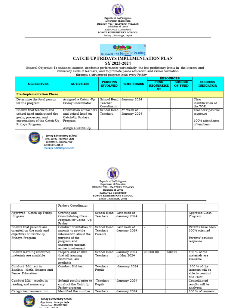 Catch-Up Fridays Implementation Plan | PDF | Teachers | Learning