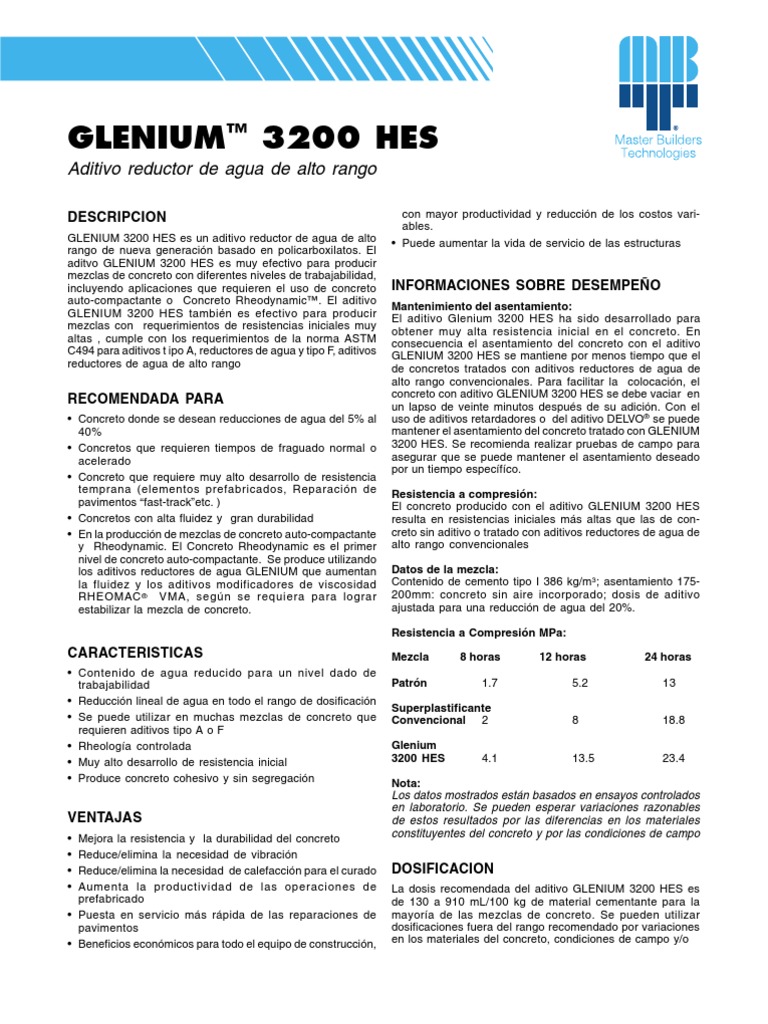 Glenium 3200 Hes | PDF | Hormigón | Cemento