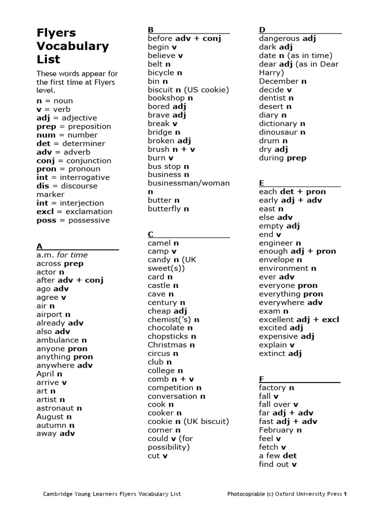 Cambridge Flyers Vocabulary List | PDF | Semantic Units | Linguistic ...