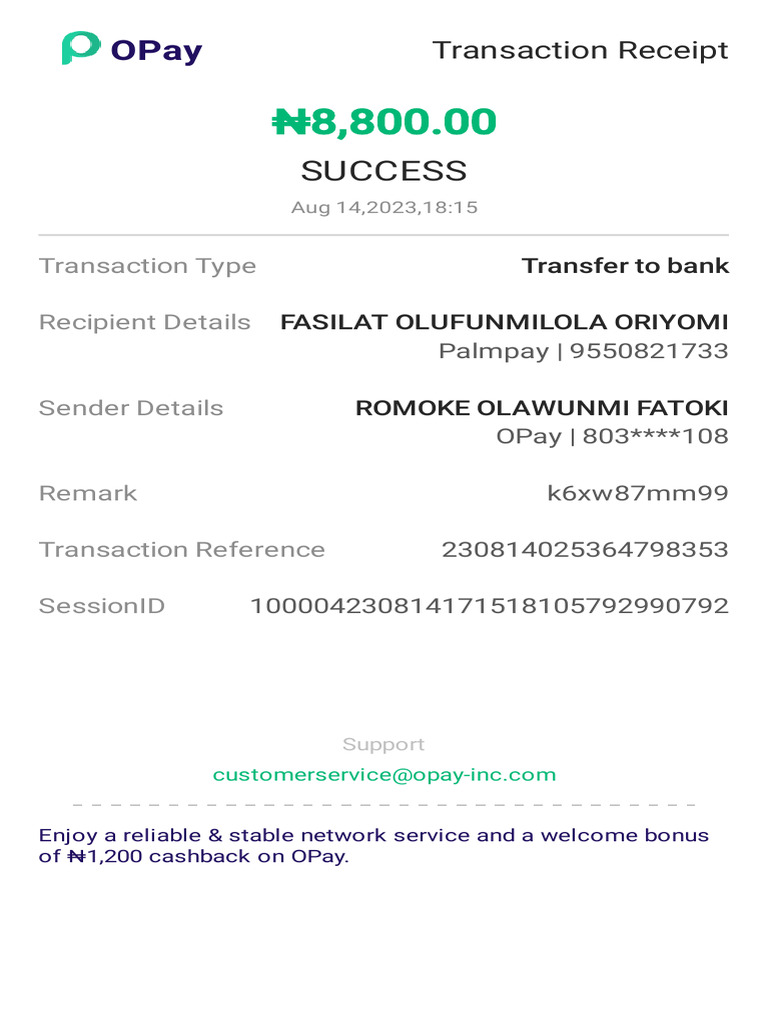 OPay Transaction Confirmation | PDF