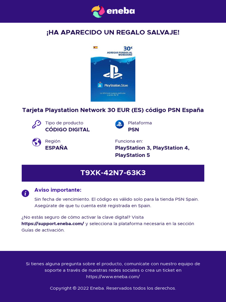 Tarjeta Playstation Network 30 EUR (ES) Código PSN España | PDF