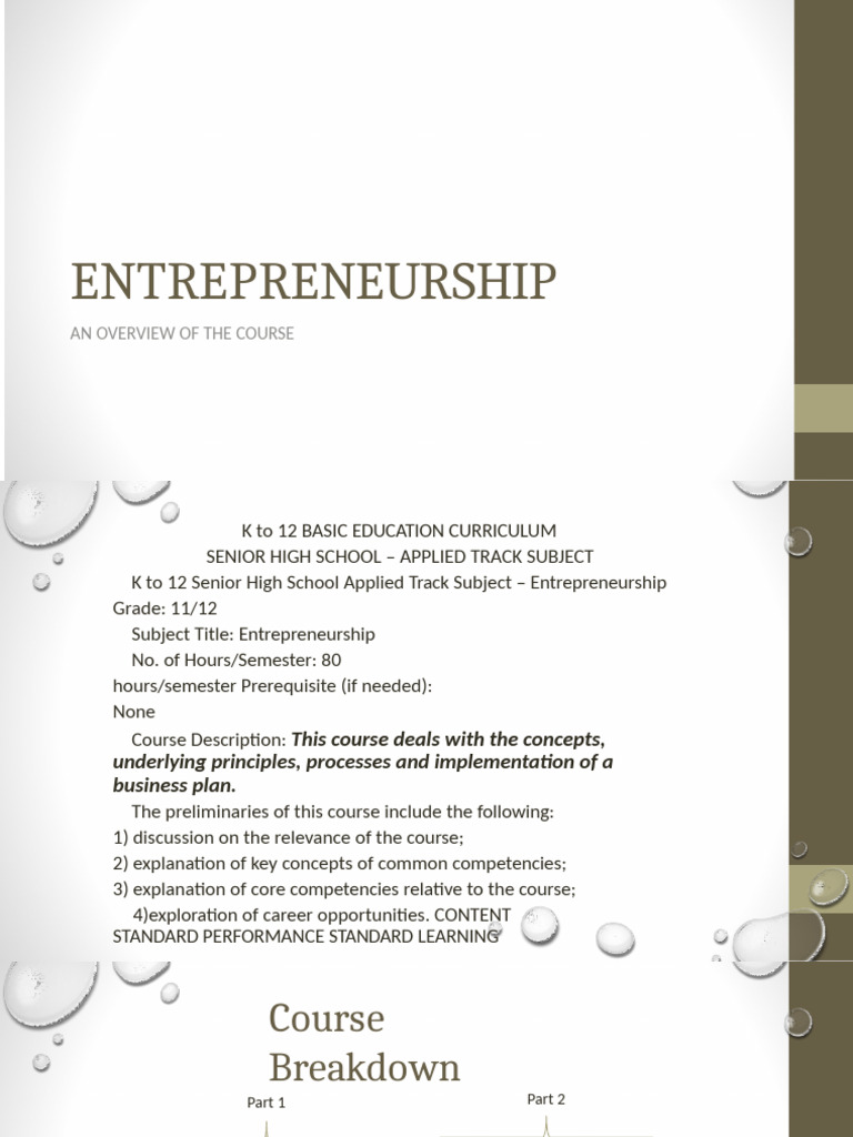 Entrepreneurship: An Overview of The Course | PDF