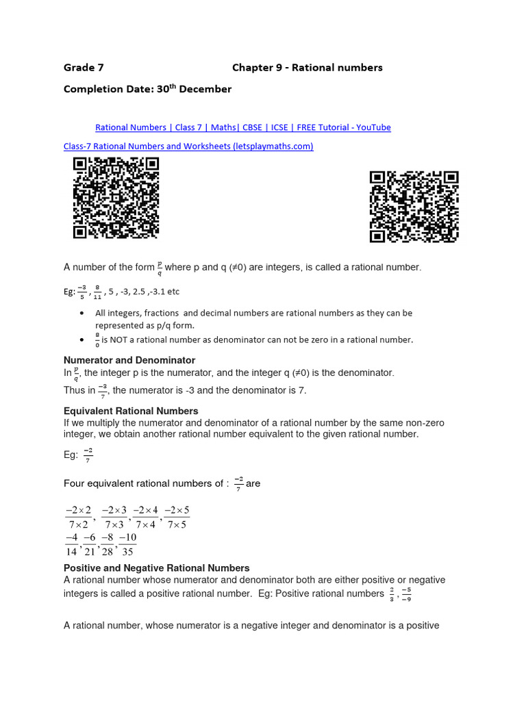 Grade 7 - Rational Numbers (Support Material) | PDF