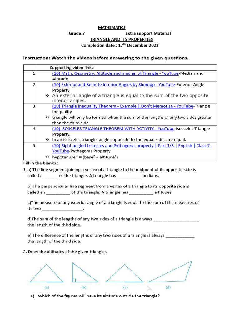 Triangle Properties Practice Answers | PDF | Triangle | Geometry