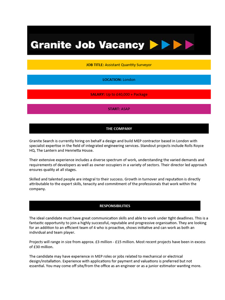 Assistant QS Job Spec | PDF | Expert | Economies