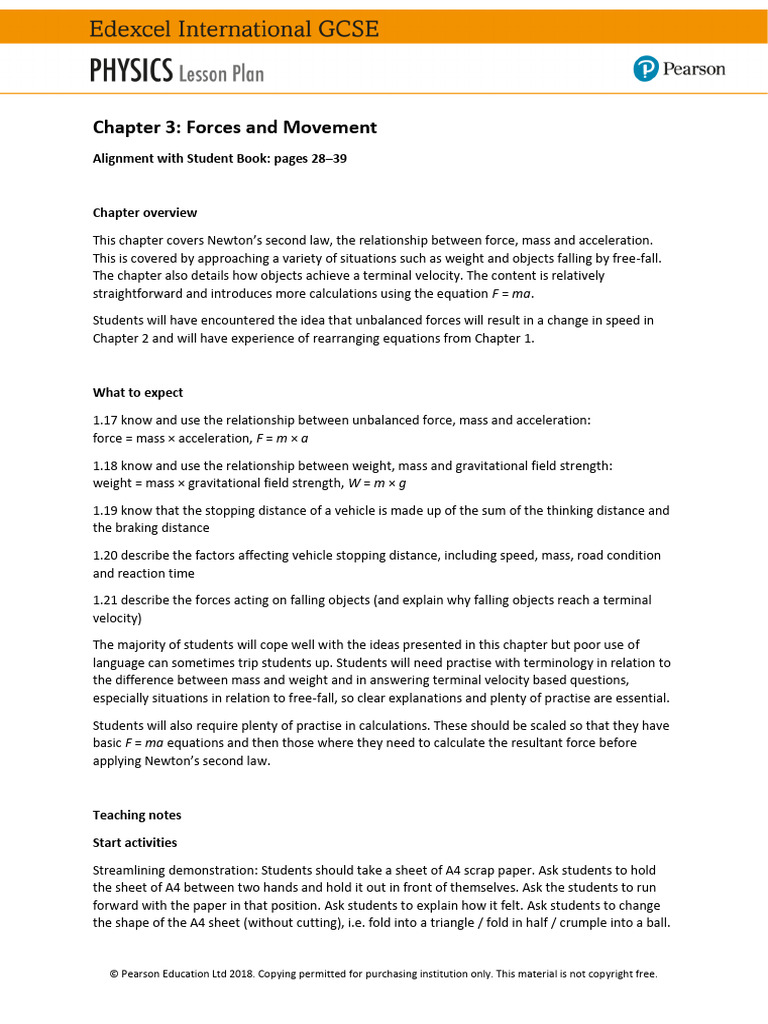 IGCSE - Physics - Lesson Plan 3 - Forces and Movement | PDF | Force | Mass