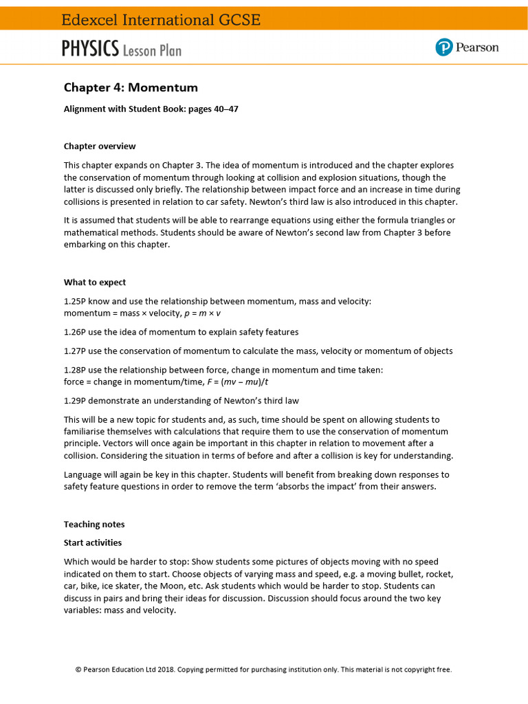 Igcse Physics Lesson Plan 4 Momentum Pdf Momentum Newton S