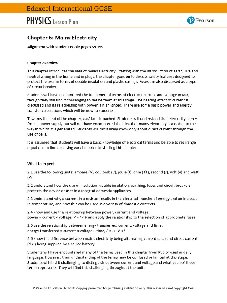 IGCSE - Physics - Lesson Plan 6 - Electricity | PDF | Ac Power Plugs And Sockets | Electricity