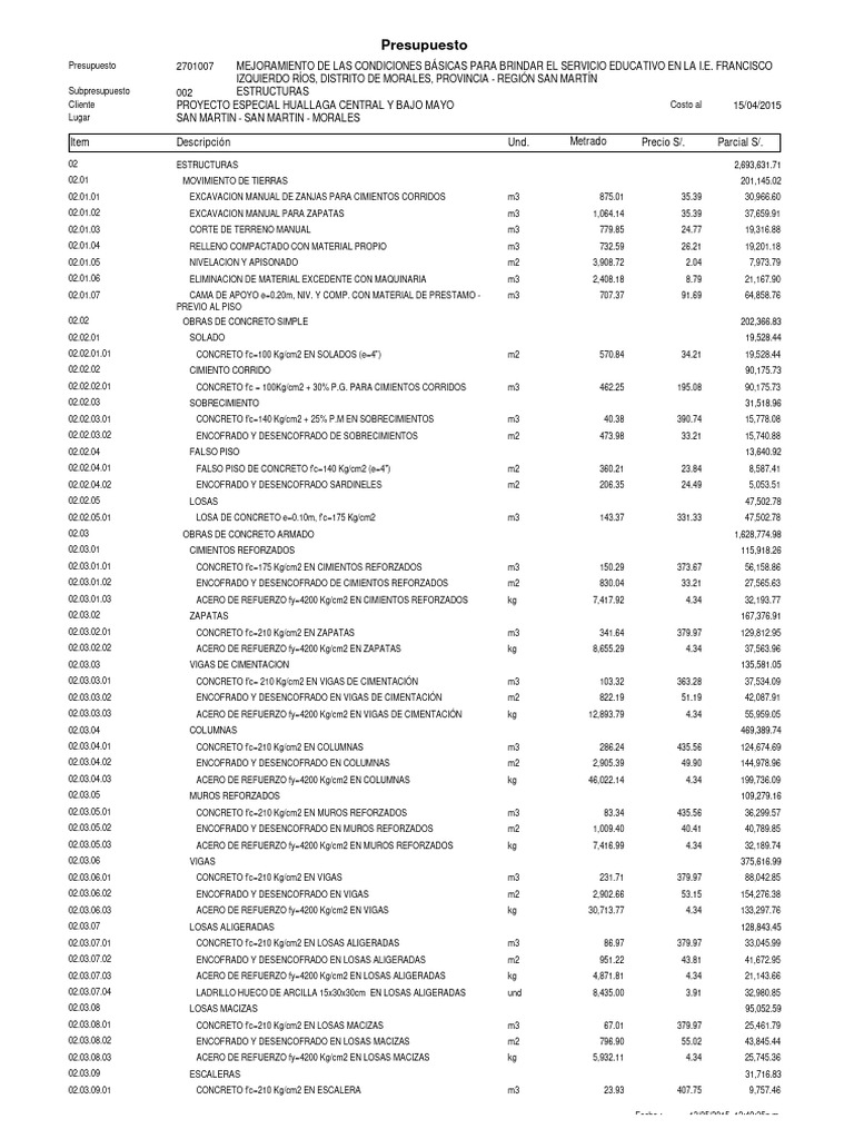 Ppto. Estructuras | PDF | Fundación (Ingeniería) | Arquitectura