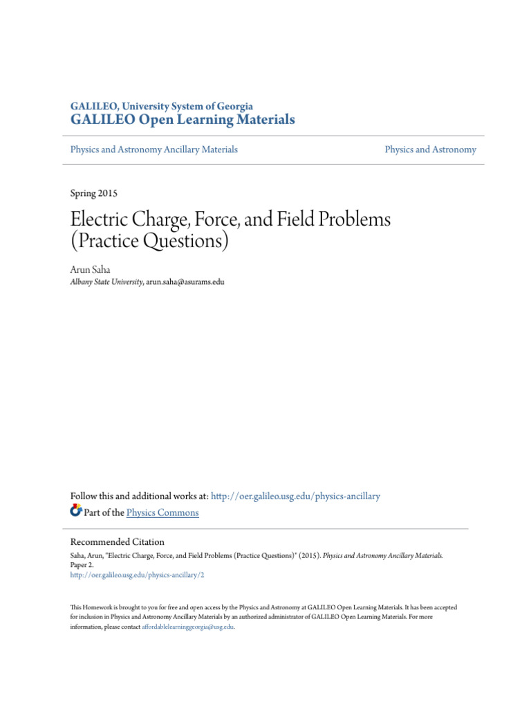 Electric Charge Force and Field Problems (Practice Questions) | PDF
