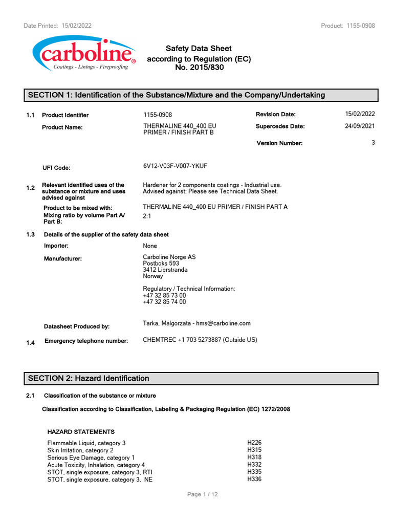 Carboline Thermaline 440 SDS B Promain 15 02 2022 | PDF | Dangerous Goods | Workplace