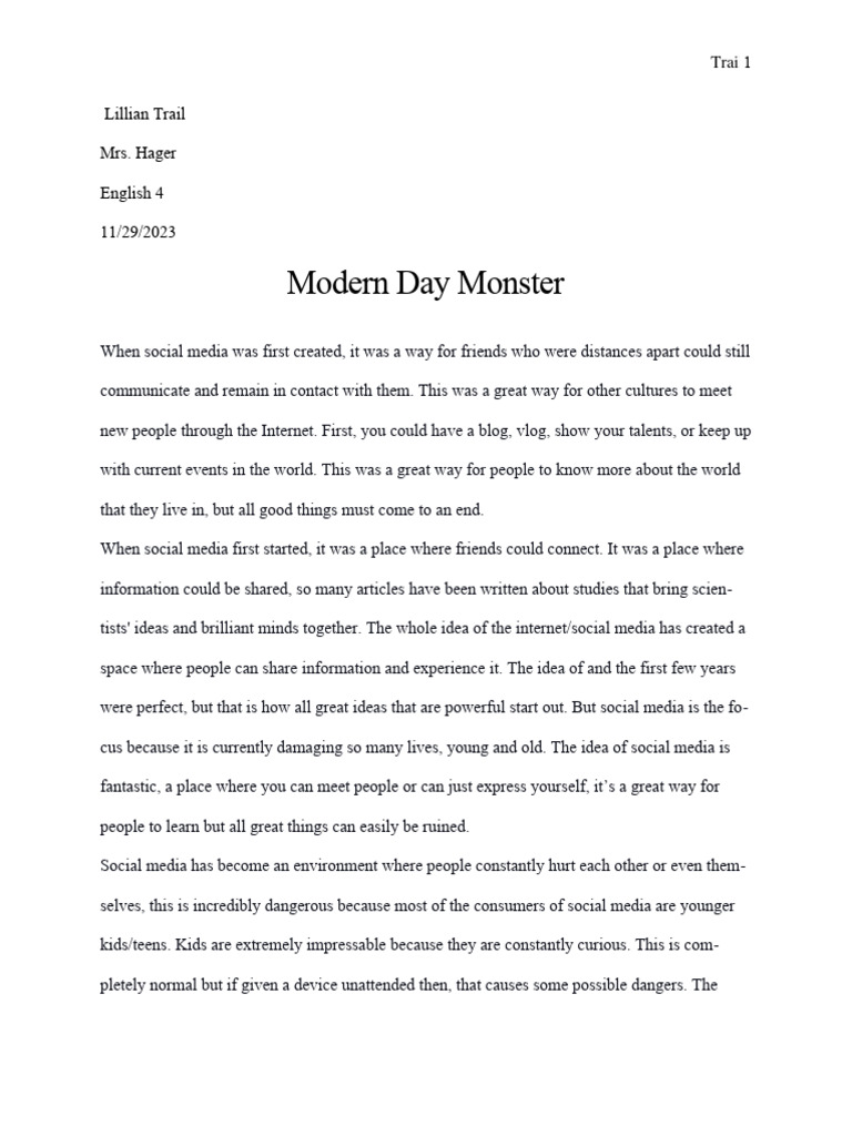 Modern Day Monster Essay | PDF | Social Media | Popular Culture & Media ...