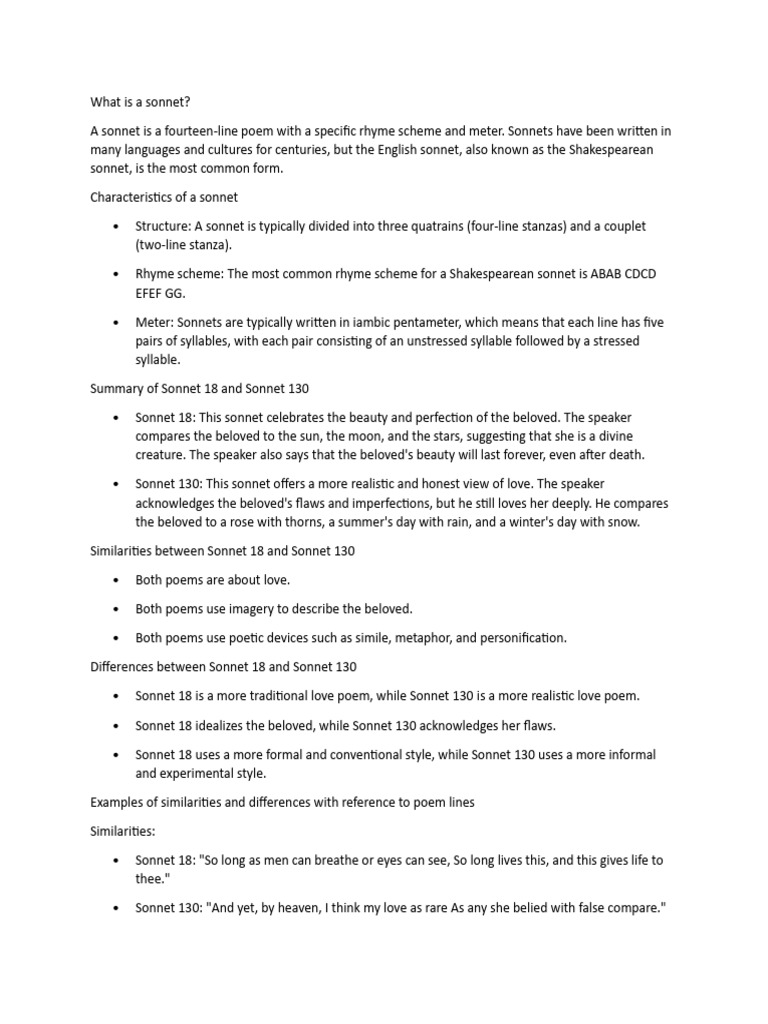 Comparing Shakespeare's Sonnet 18 & 130 | PDF | Sonnets | Poetry
