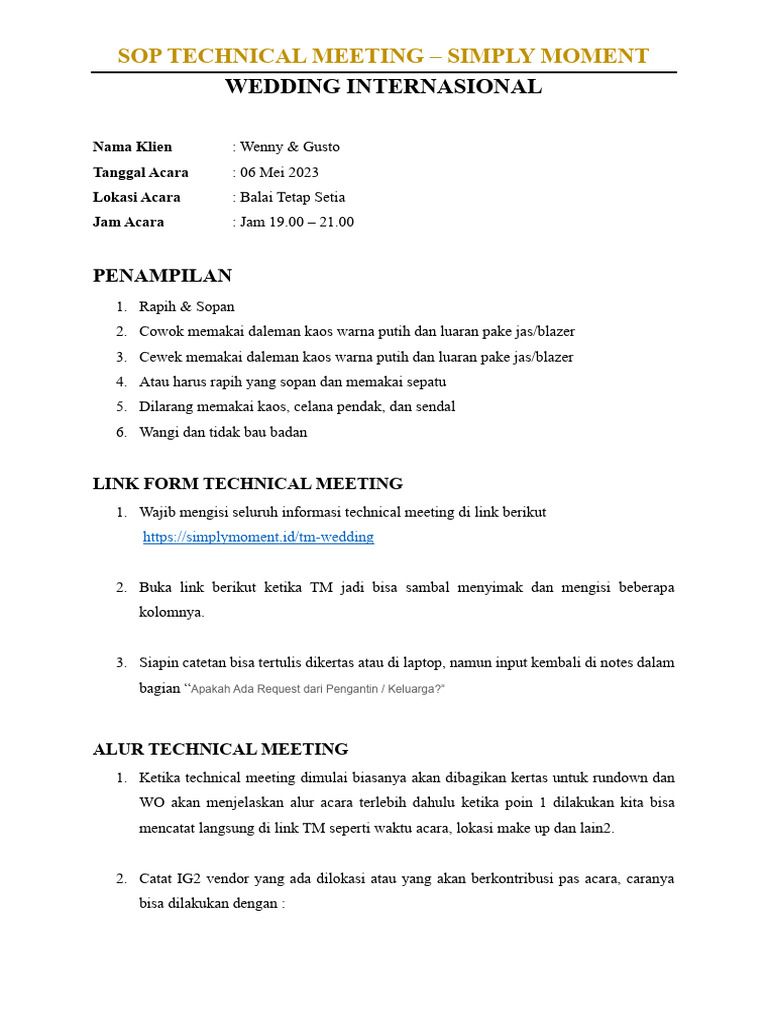 SOP Technical Meeting Pernikahan | PDF