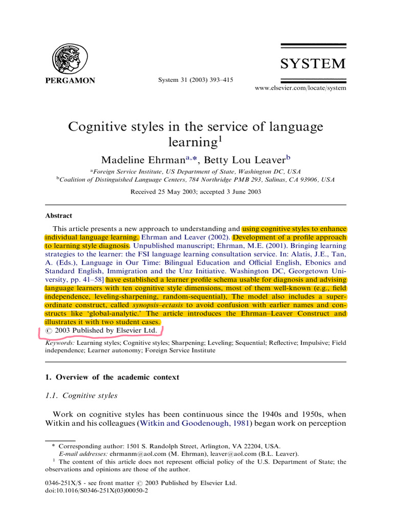 Cognitive Styles in The Service of Language Learning | PDF | Learning Styles | Learning