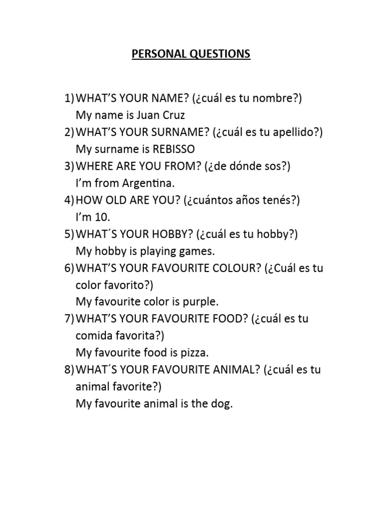 Personal Questions Kids | PDF | Estilo de vida