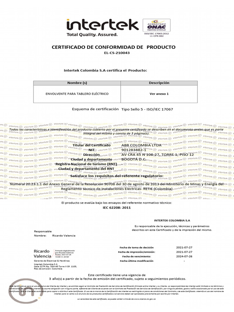 Intertek #EL-CS-210043 - Envolvente Tablero | PDF | Colombia