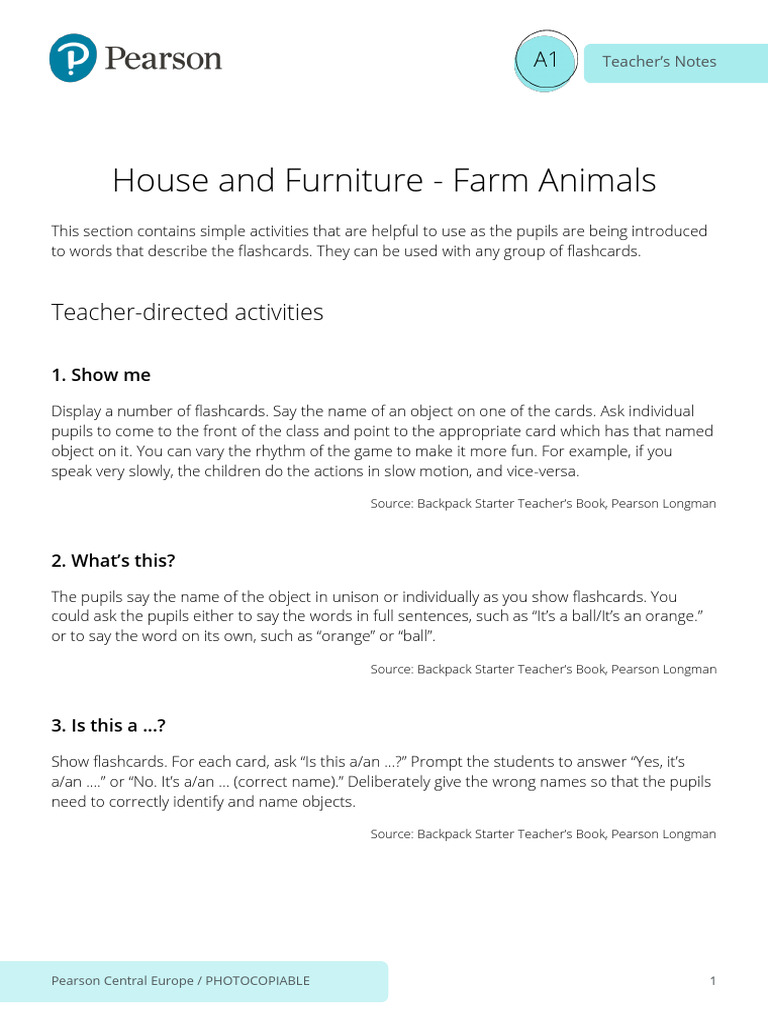 A1 Young Learners House and Furniture Farm Animals Flashcards ...