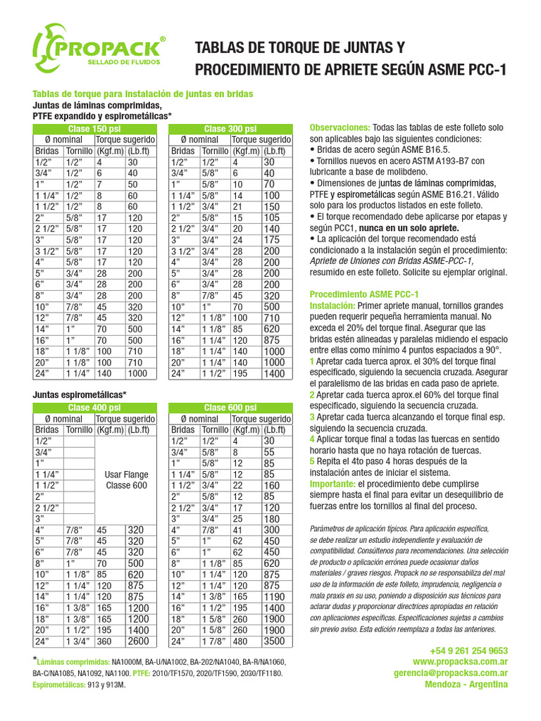 Tablas de Torque de Juntas y Procedimiento de Apriete Según ASME PCC-1 | PDF | Tornillo ...