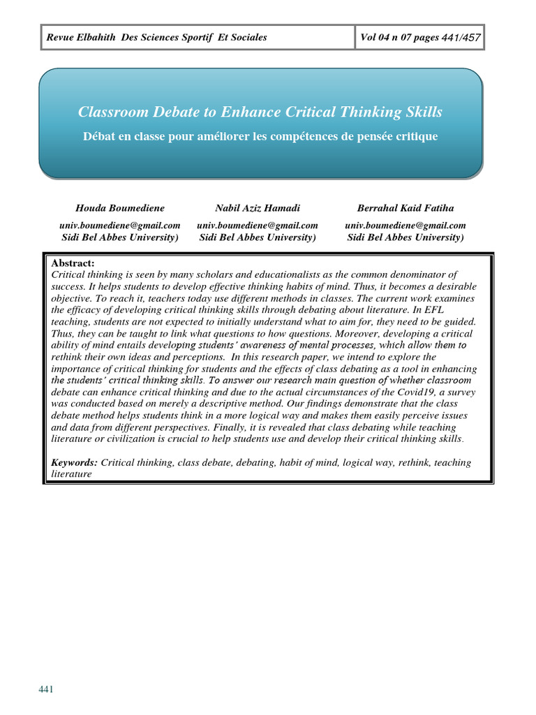 Classroom Debate To Enhance Critical Thinking Skills | PDF | Critical ...