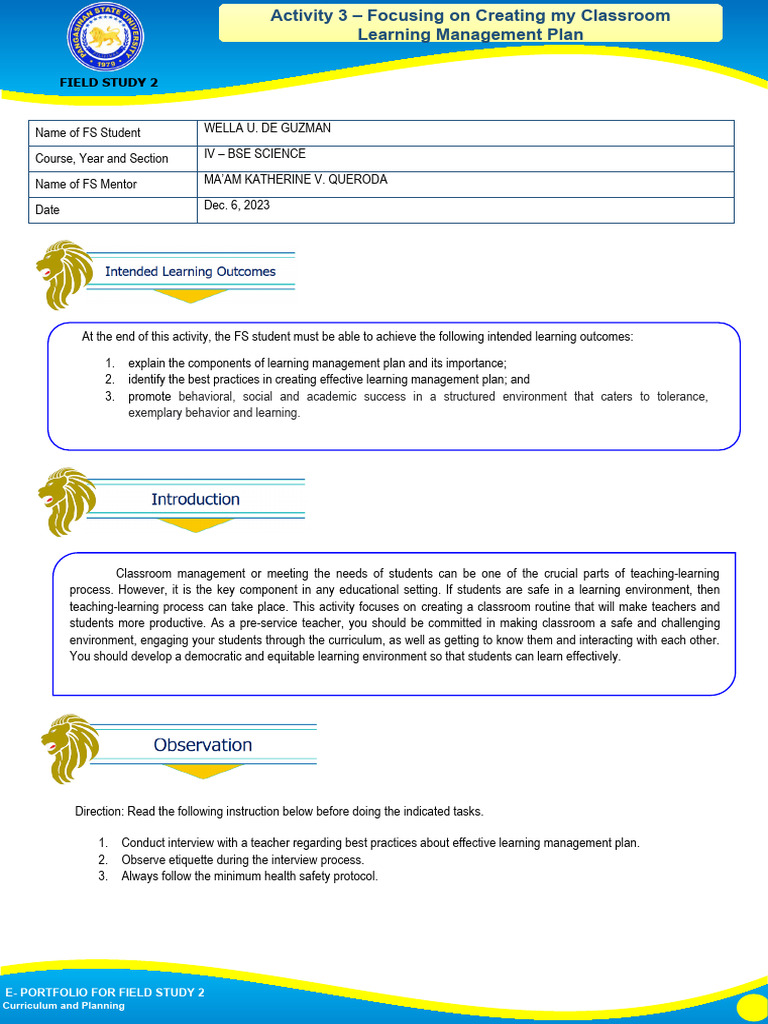 FS 2 Activity 3 | PDF | Classroom Management | Learning