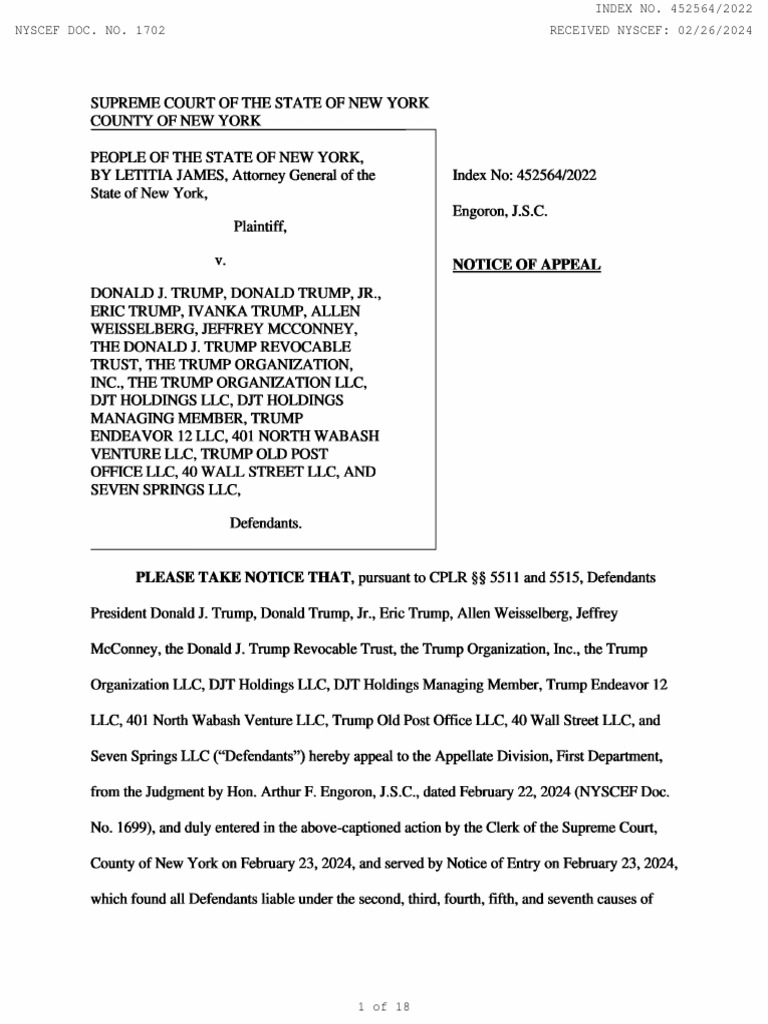 Trump Notice of Appeal in Engoron Case | PDF | Donald Trump | American ...
