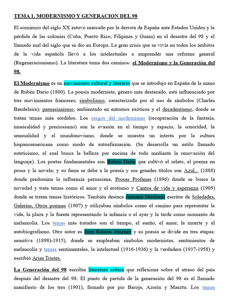 Tema 1. Modernismo y Generacion Del 98 | PDF