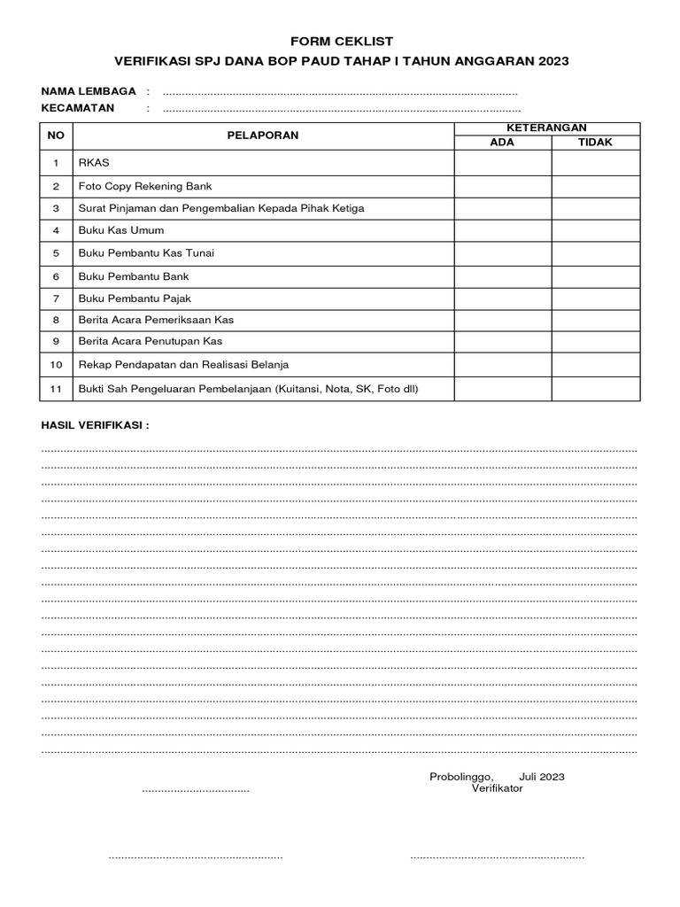 ! Form Ceklist Verifikasi SPJ Bop Tahap 1 2023 | PDF