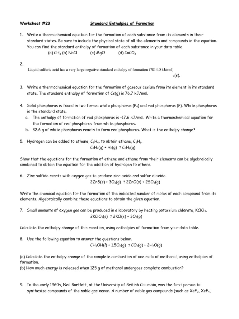 Chemistry Enthalpy Worksheet | PDF | Physical Chemistry | Chemistry