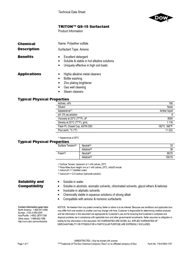 119 01903 01 Triton Qs 15 Surfactant Technical Data Sheet | PDF | Surfactant | Solubility