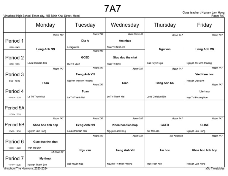 TKB lớp 7A7 (Bắt đầu từ ngày 22.1.2024) | PDF | Vietnam | Vietnamese People