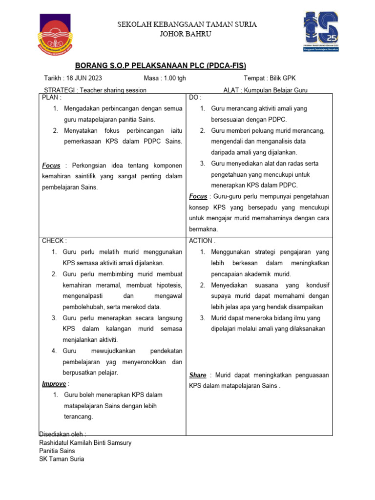 PLC Borang Baru Panitia Sains 18 Jun 2023-KPS | PDF