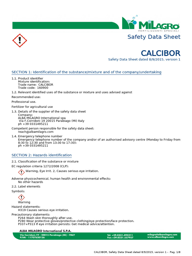 MSDS Calcibor | PDF | Dangerous Goods | Workplace