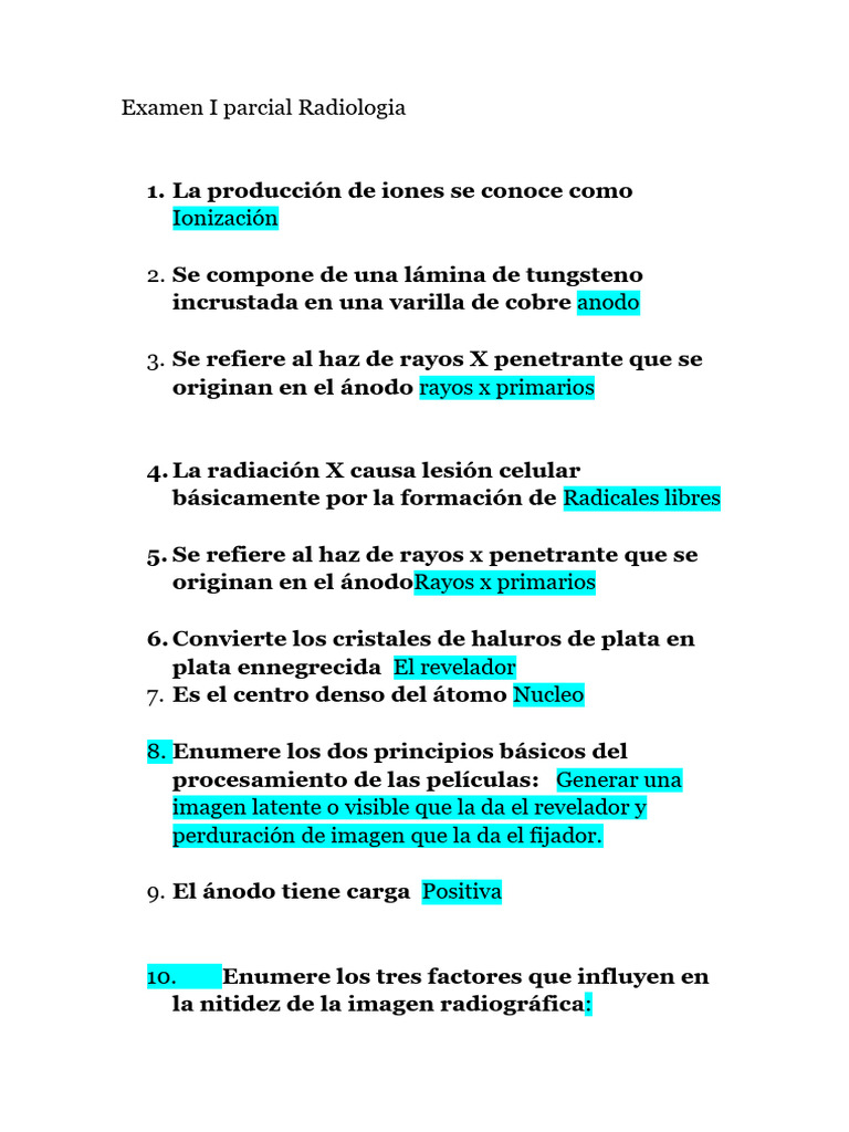 Examen I Parcial Radiologia Respuestas | PDF | Rayo X | Electrón