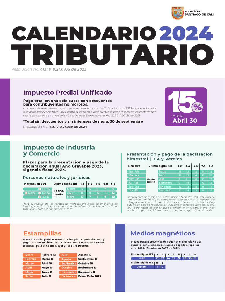 Calendario Tributario 2024 Cali | Descargar gratis PDF | Gobierno