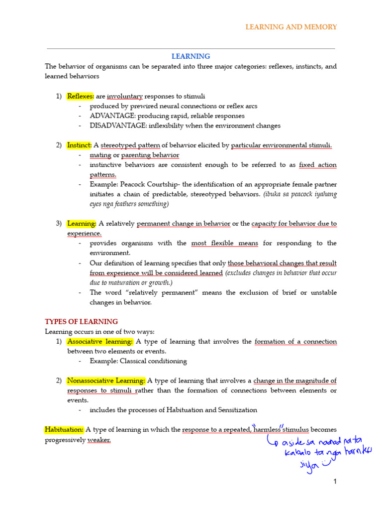 12 Learning and Memory Notes | PDF | Hippocampus | Classical Conditioning