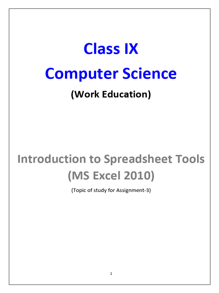 Class IX Computer Science: Introduction To Spreadsheet Tools (MS Excel ...