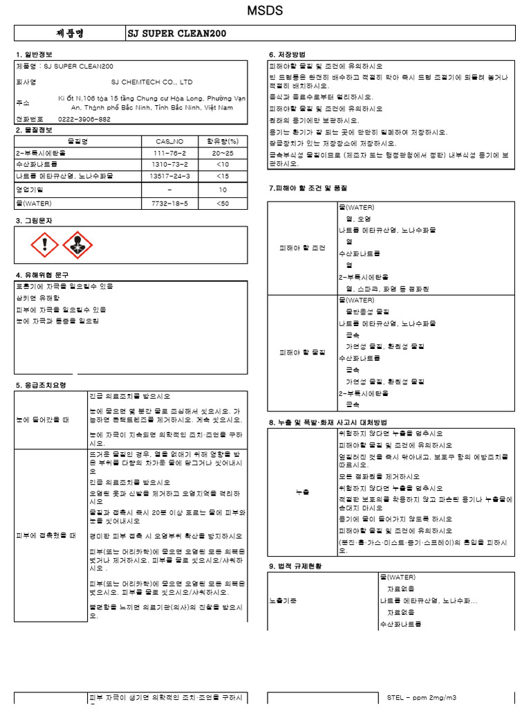MSDS Hoa Chat Tay Rua SJ SUPER CLEAN 200 | PDF