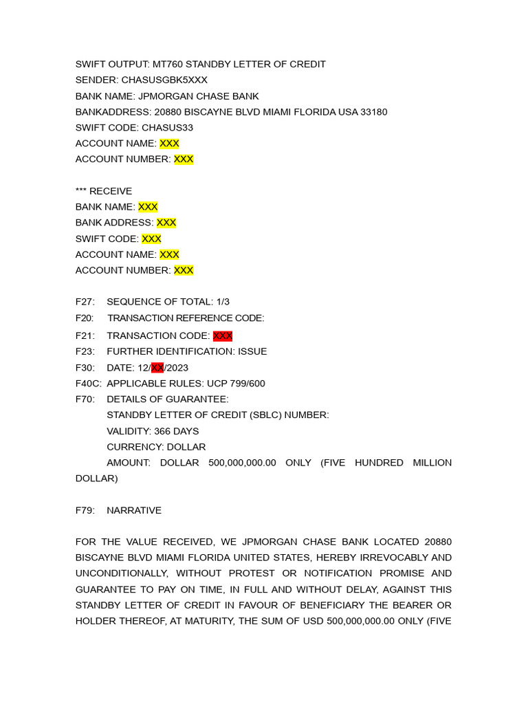 Draft SBLC JP Morgan - Clear | PDF | Letter Of Credit | Business