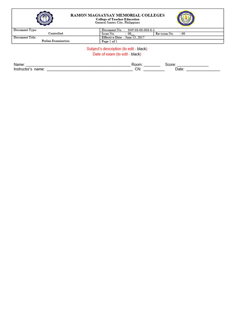 Sample Exam Header Prelim | PDF
