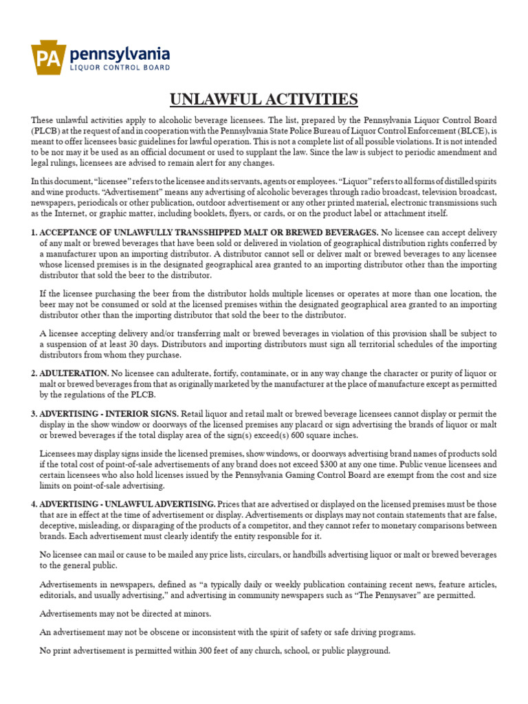 PLCB-2036 - Unlawful Activities - 08-19 | PDF | License | Drink