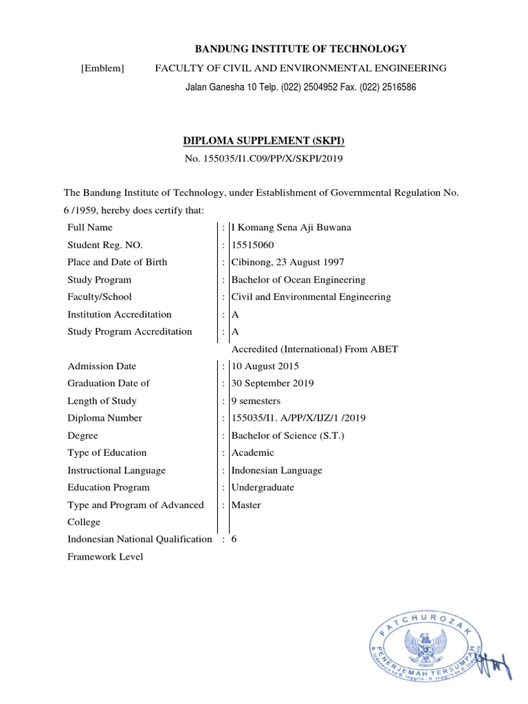 Diploma Supplement of Bachelor Certificate - ITB (Translation ...