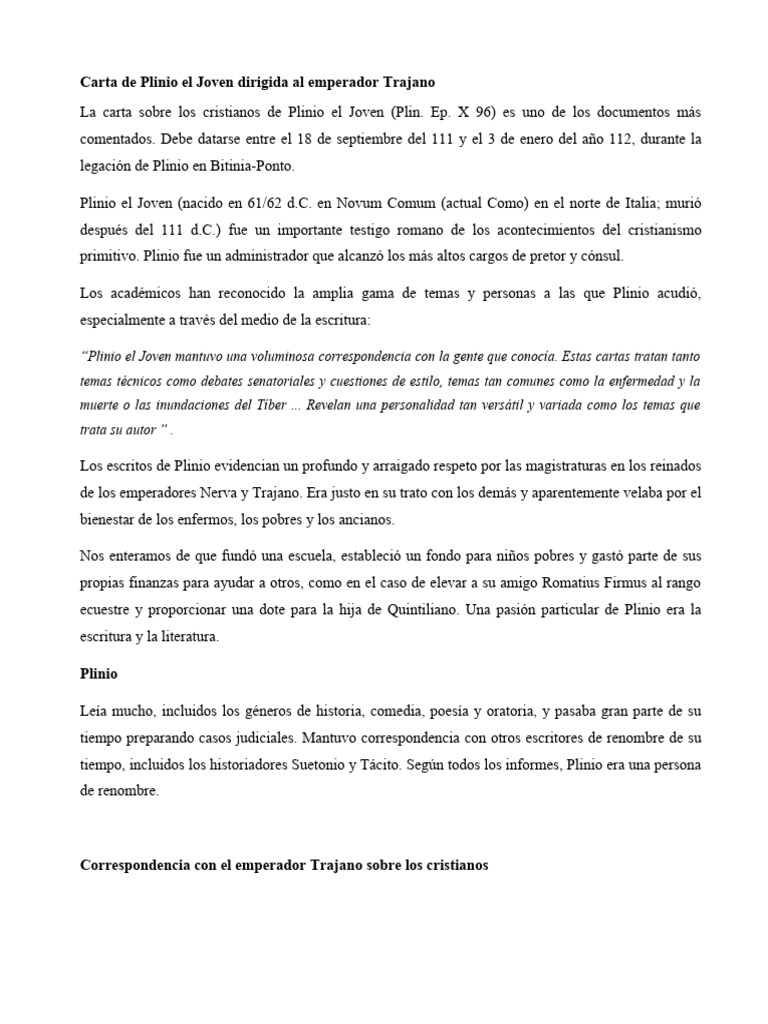 Carta de Plinio El Joven Dirigida Al Emperador Trajano | PDF | Pablo el apóstol | Jesús