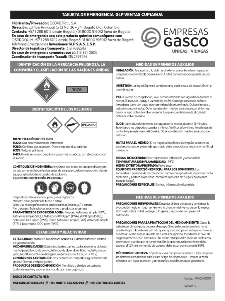 Ficha Tecnica Gas Propano | PDF