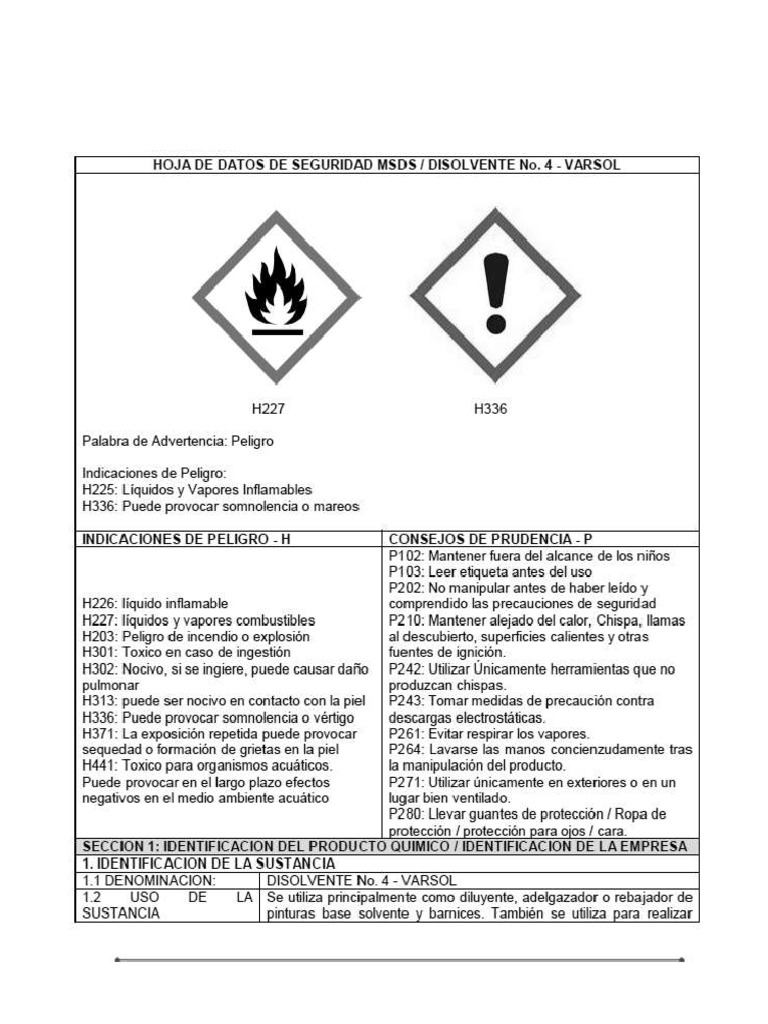 Hoja Seguridad Varsol | PDF
