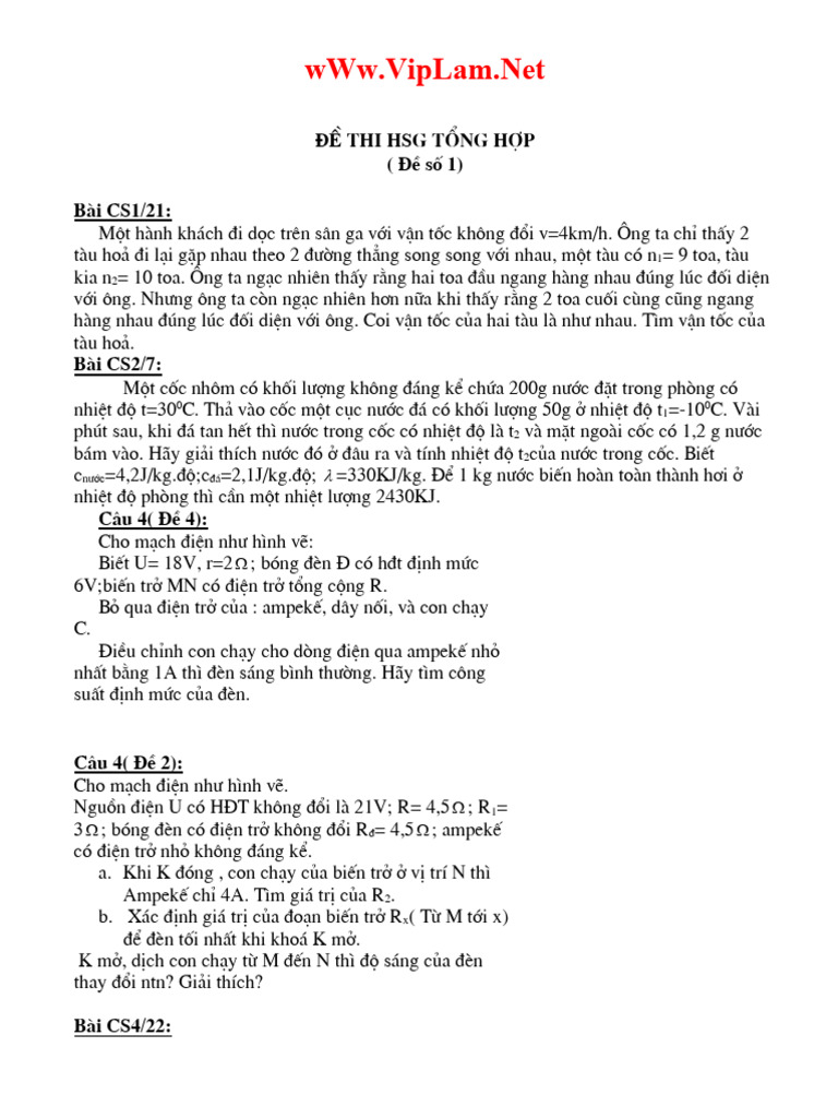 20 de Thi Vao Lop 10 Chuyen Ly Chon HSG 9 | PDF