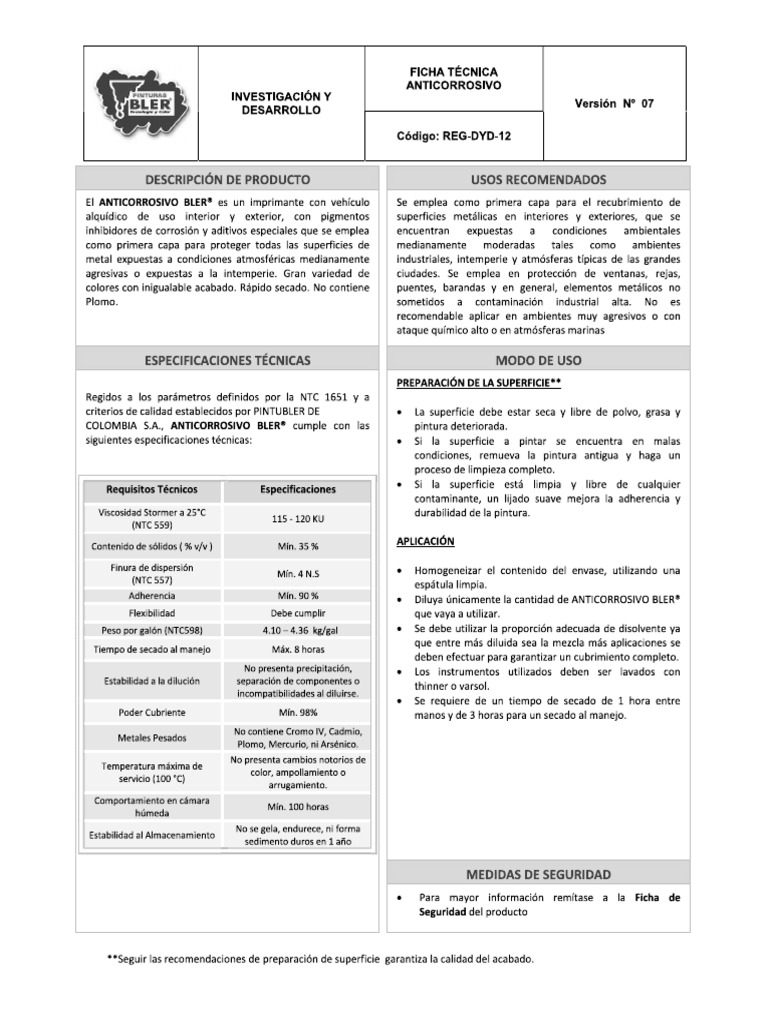 Hoja Seguridad Anticorrosivo Bler | PDF