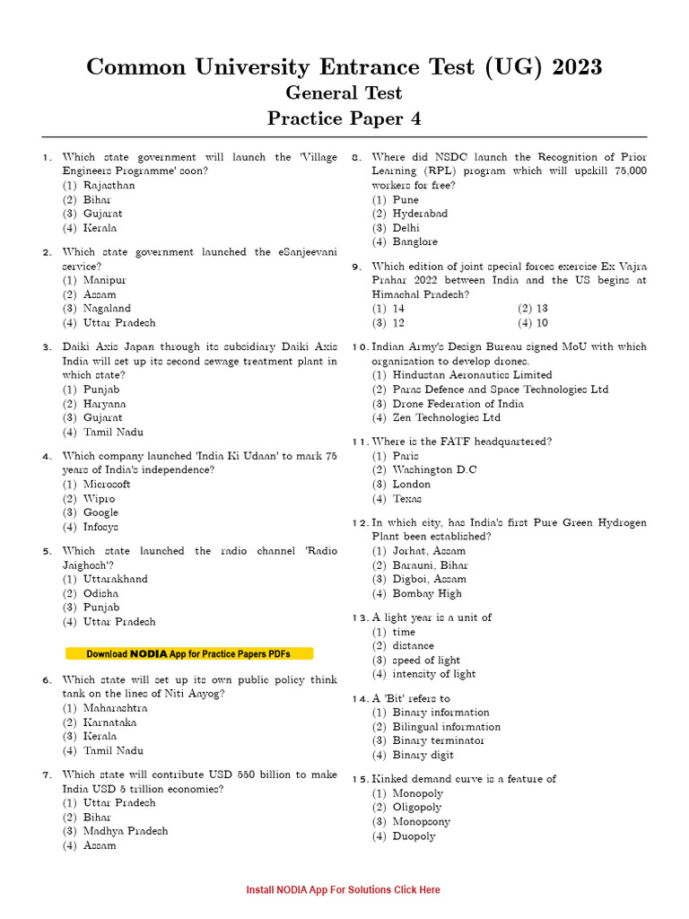 Cuet Practice Paper 4 Unsolved | PDF